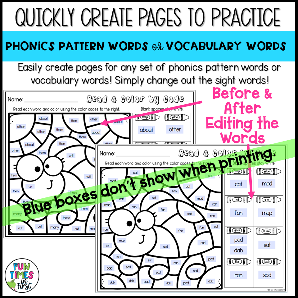 Bugs Color By Code Sight Words and CVC Words - Coloring Pages Editable ...