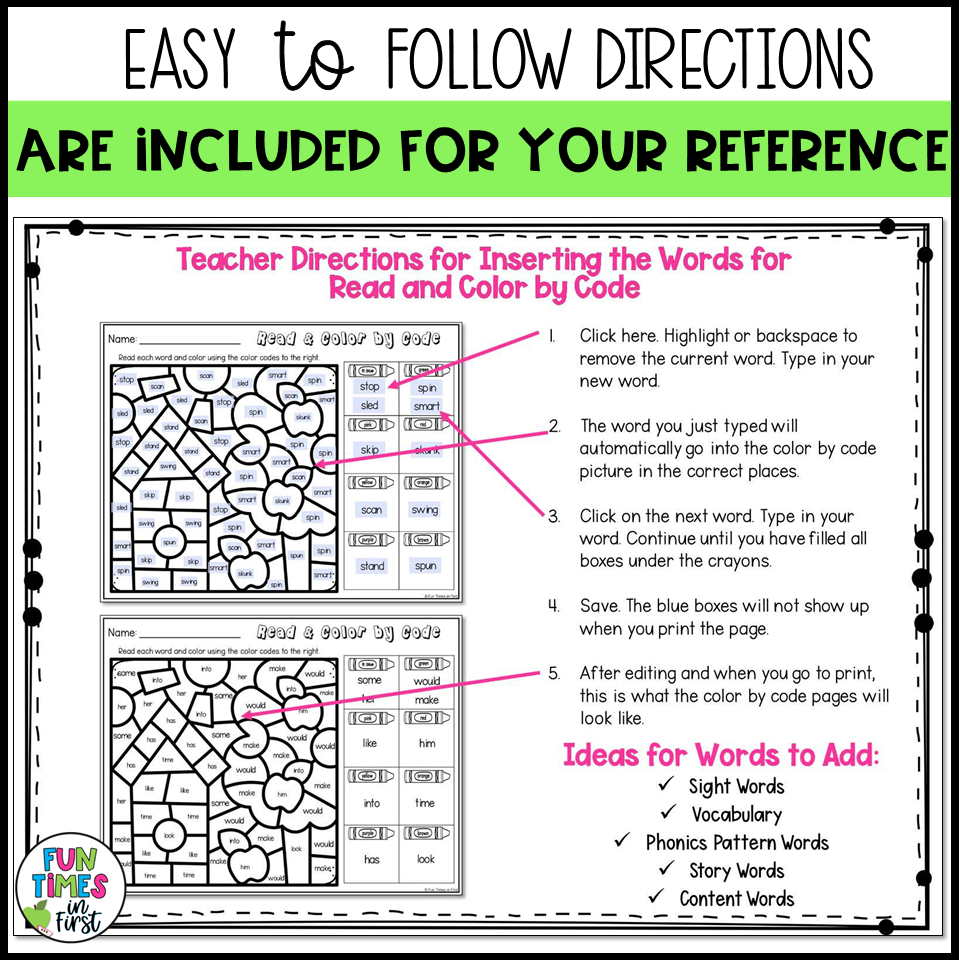 Bugs Color By Code Sight Words and CVC Words - Coloring Pages Editable ...