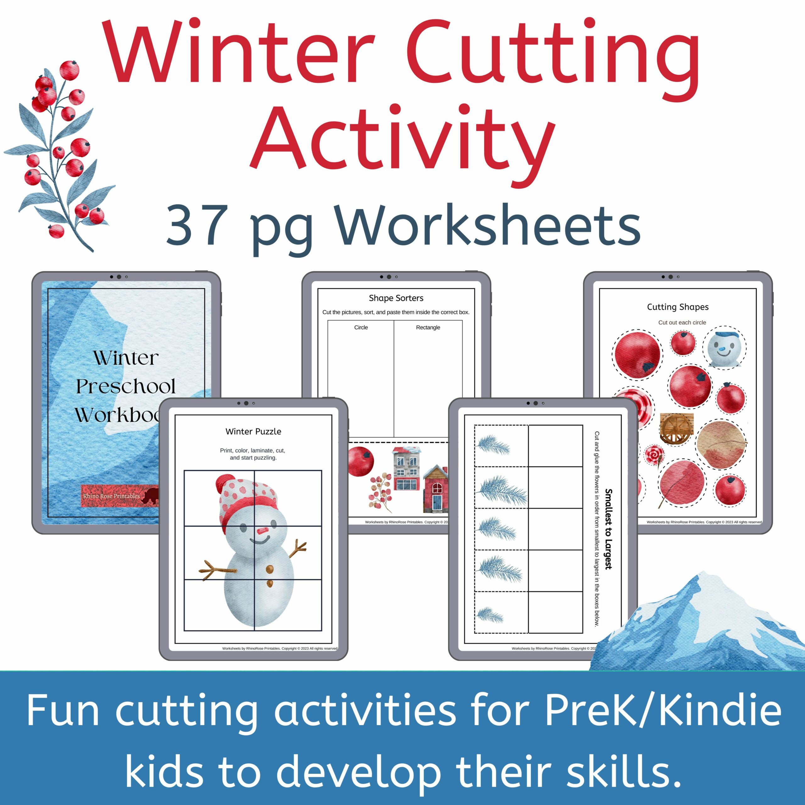Winter Scissor Skills Worksheets - PreK Skills with Shapes and Snowmen ...