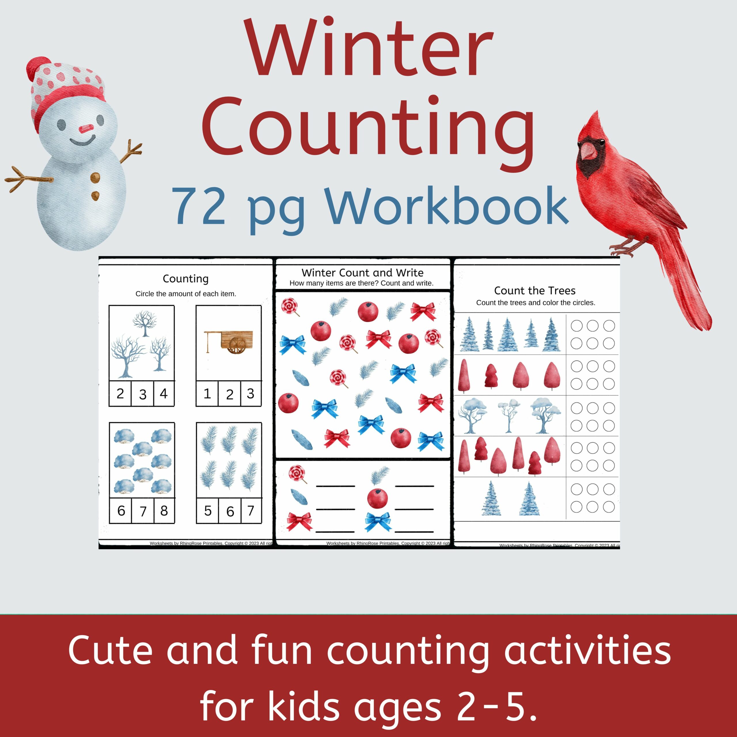 Winter PreK Counting Worksheets with Trees, Deer, Cardinals, and Snow ...