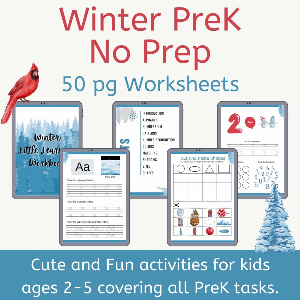 Winter PreK No Prep Worksheets with Cardinals, Berries, Mountains, and ...