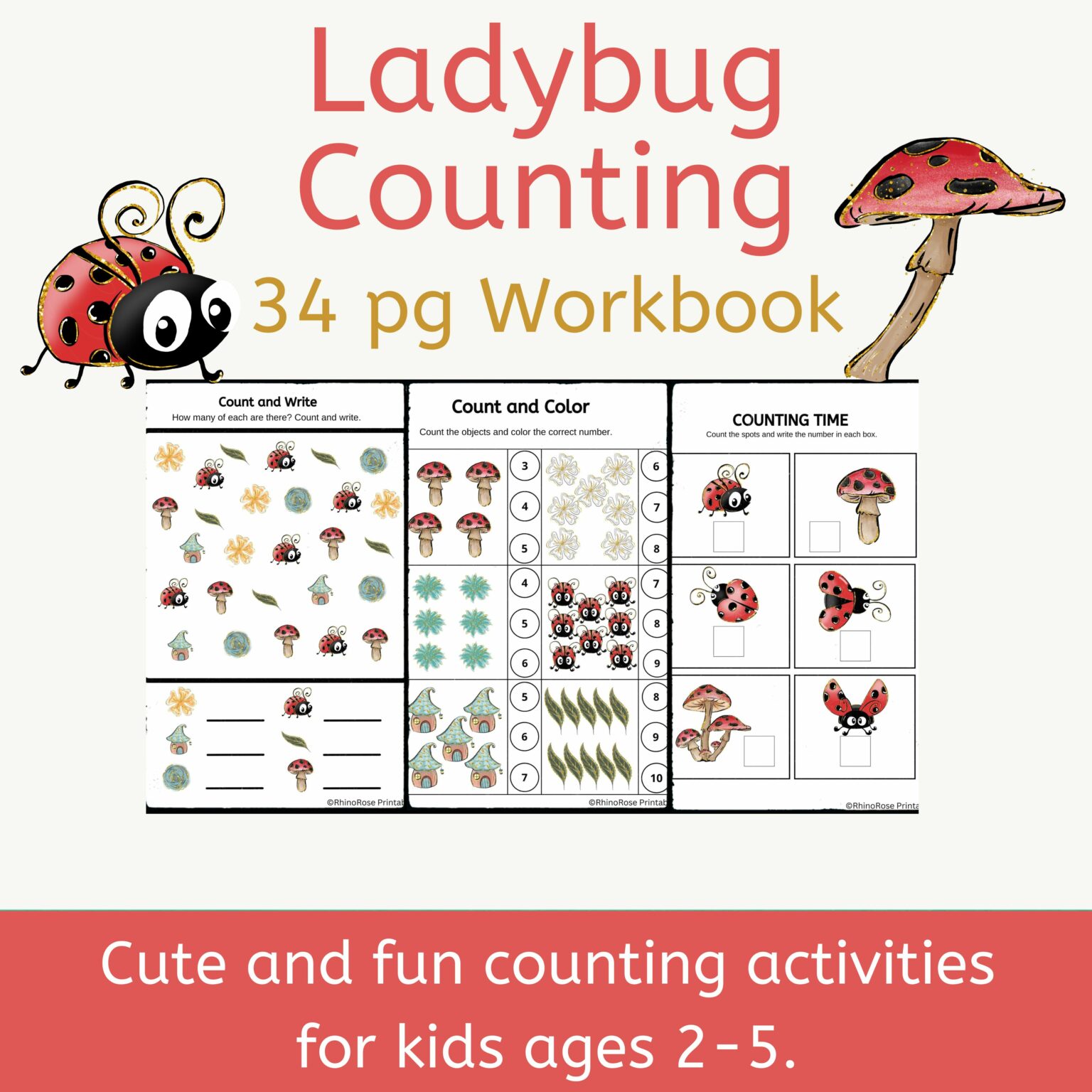 Ladybug PreK Counting Worksheets with Toadstools, Flowers, Leaves, and ...