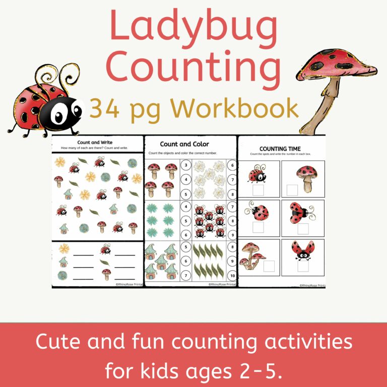 Ladybug PreK Counting Worksheets with Toadstools, Flowers, Leaves, and ...
