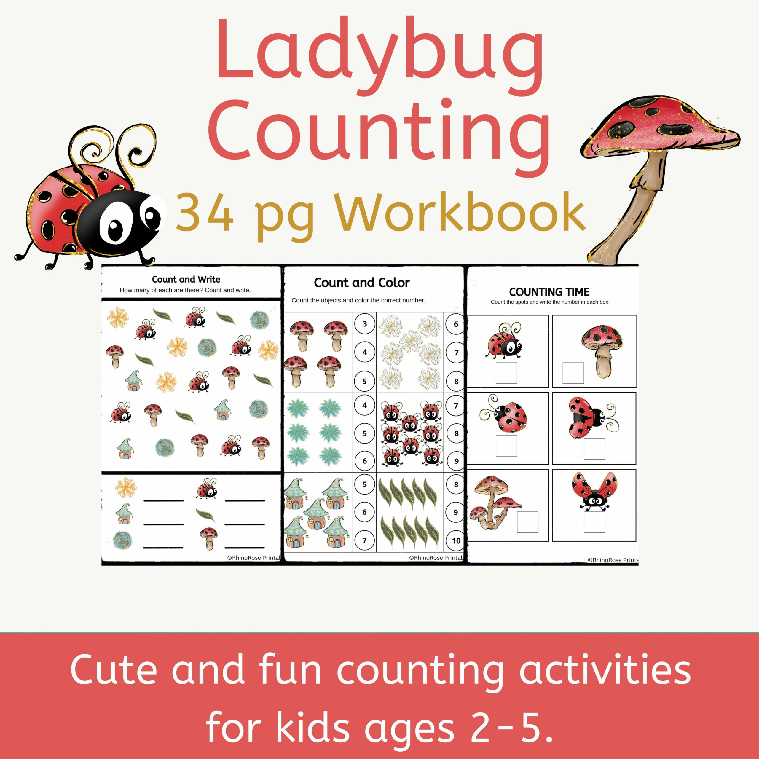 Ladybug PreK Counting Worksheets with Toadstools, Flowers, Leaves, and ...
