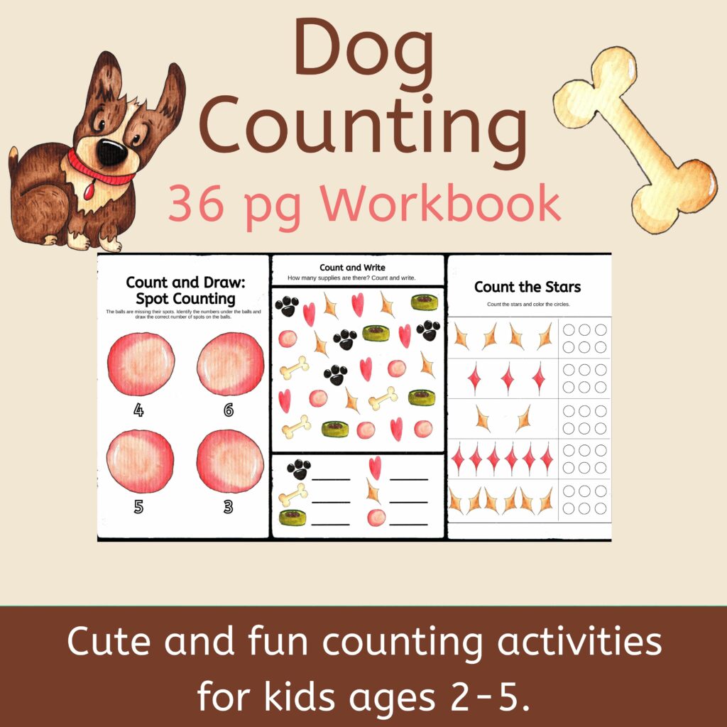 Dog PreK Counting Worksheets with Puppies, Bones, Toys, and Paw Prints ...