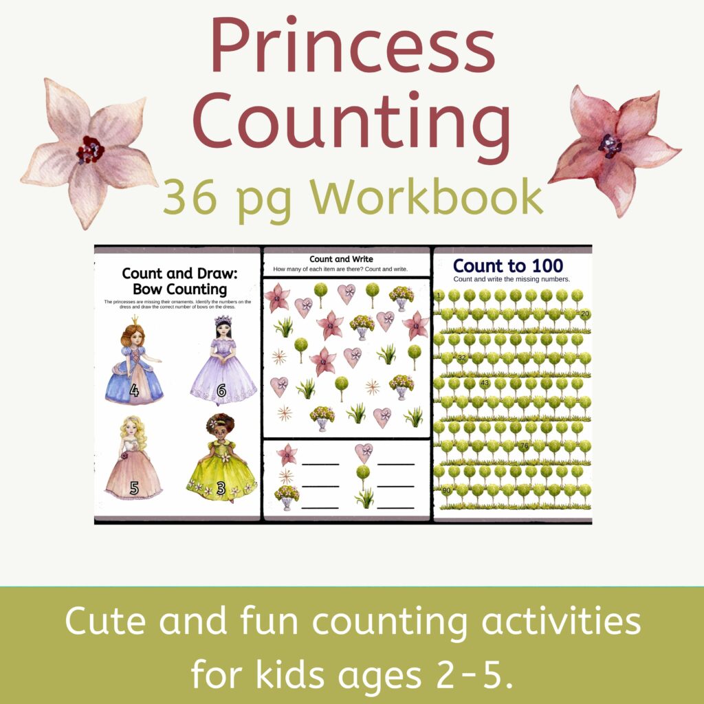 Princess PreK Counting Worksheets with Trees, Flowers, a Castle, and ...