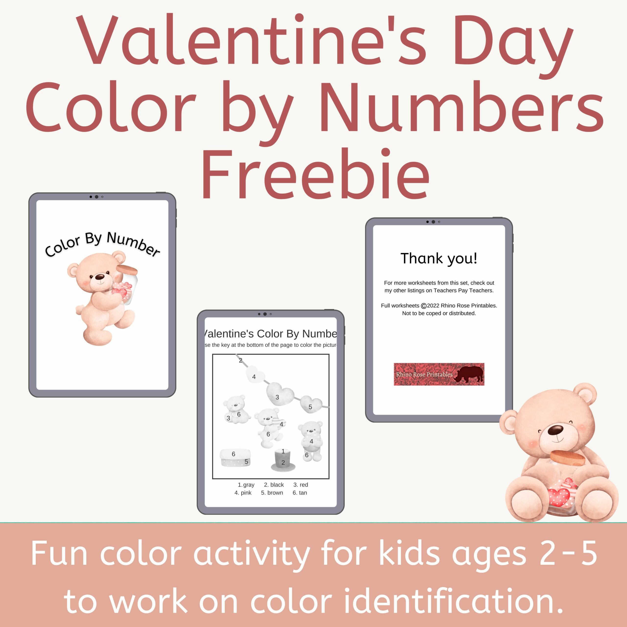 Valentine's Day Bears Color by Number PreK Worksheet No Prep Freebie ...
