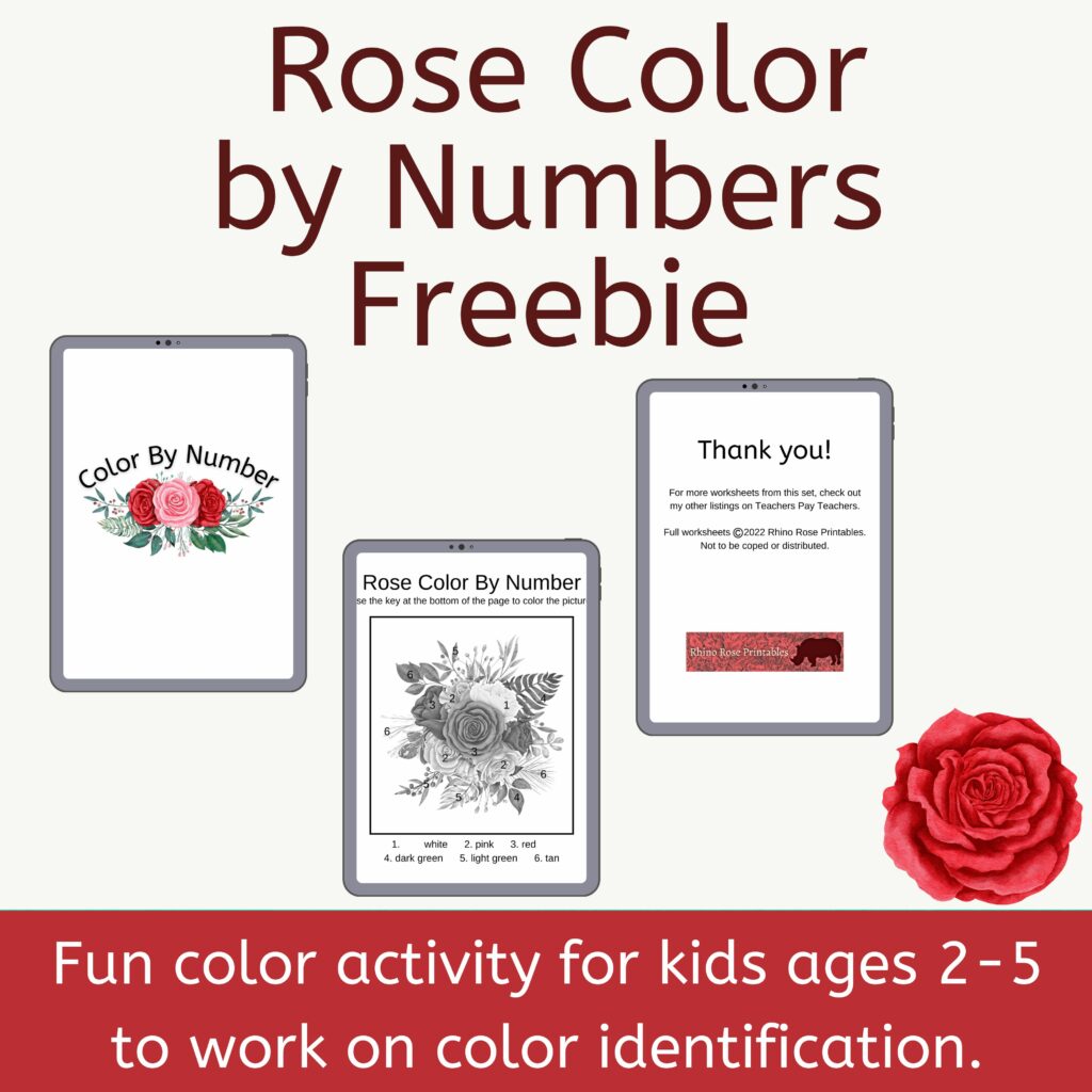 Rose Color by Number PreK Worksheet No Prep Freebie | Made By Teachers