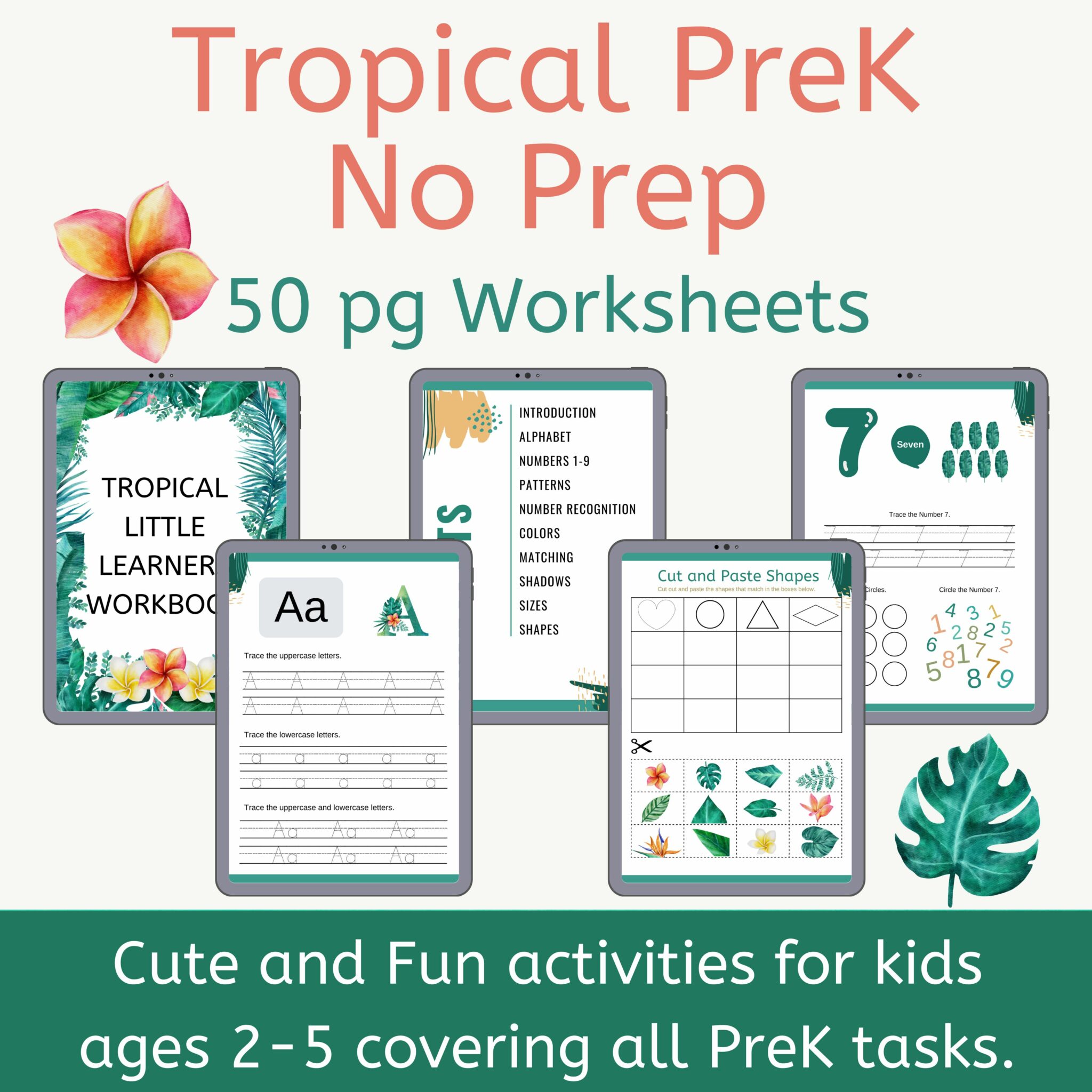Tropical PreK No Prep Morning Work Worksheets with Leaves and Plumeria ...