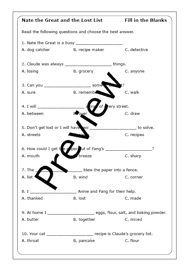 "Nate the Great and the Lost List" worksheets | Made By Teachers
