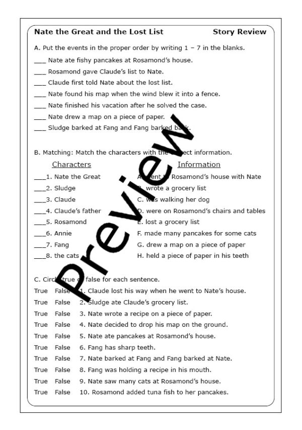 "Nate the Great and the Lost List" worksheets | Made By Teachers