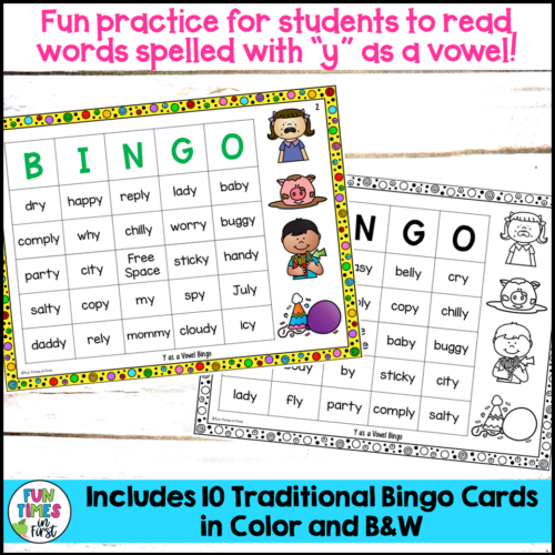 Y as a Vowel Bingo Games - No Prep Phonics Games - Phonics Bingo with 3 ...