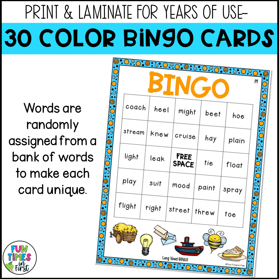 Long Vowel Bingo Games - No Prep Phonics Games - Phonics Bingo with 3 ...