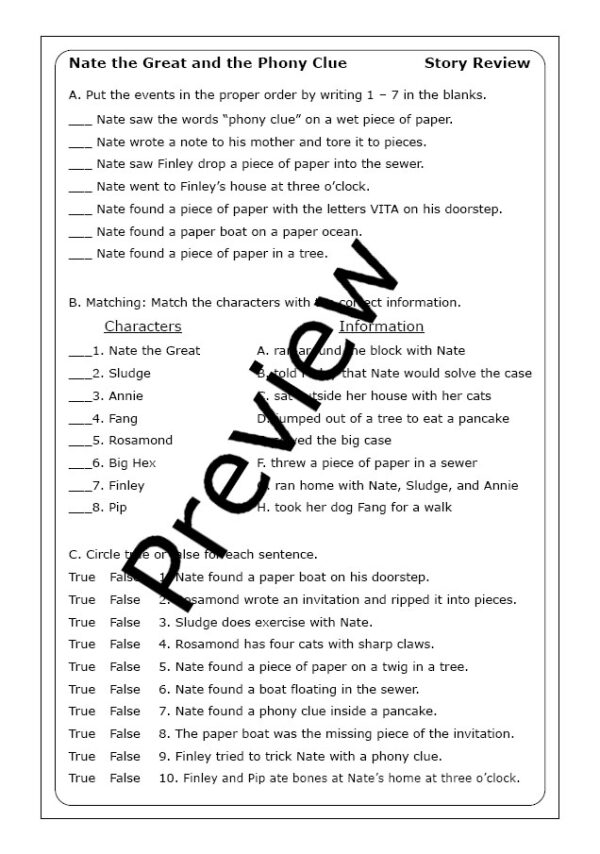 "Nate the Great and the Phony Clue" worksheets | Made By Teachers