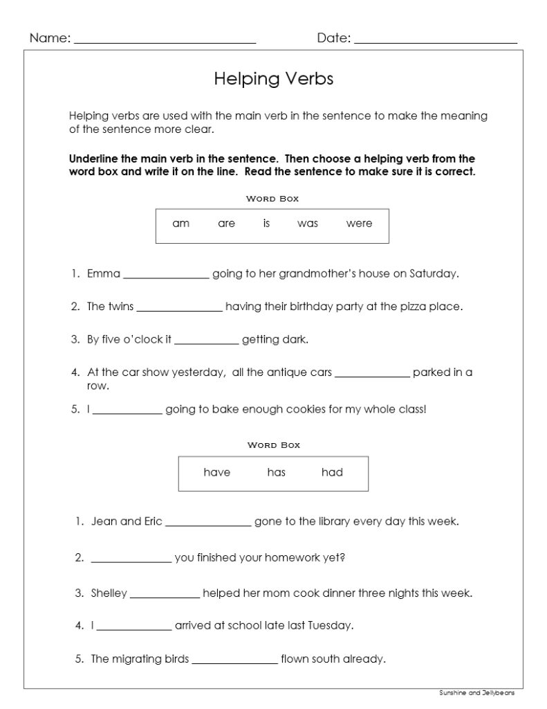 Linking Verbs and Helping Verbs - 5 worksheets & answer key - Grades 3 ...