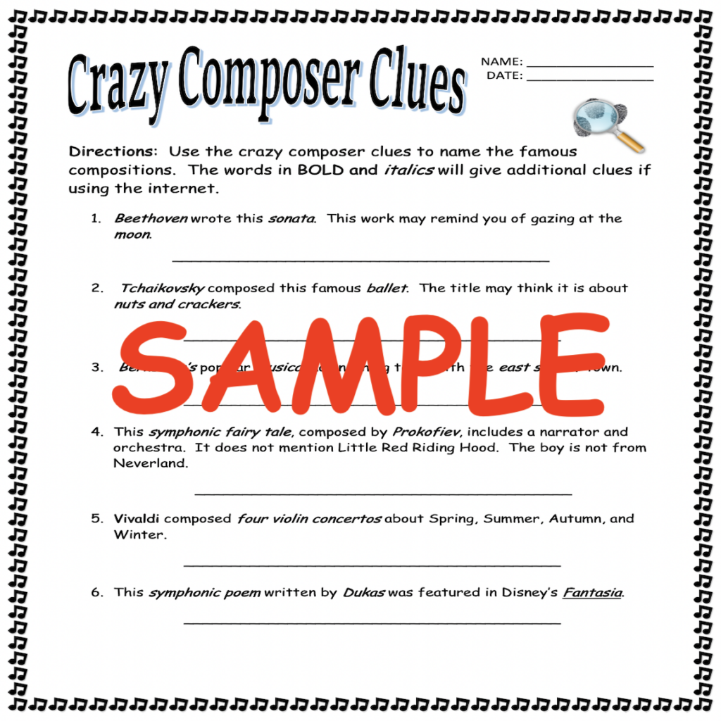 Crazy Composer Clues - Printable Worksheet (Answer Keys Included ...