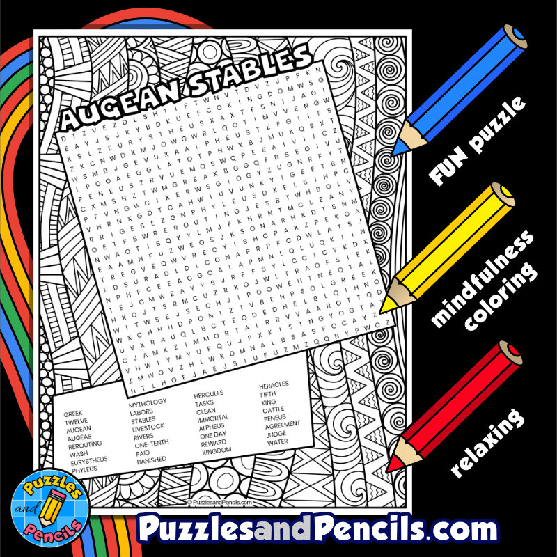 Twelve Labors of Hercules Word Search Puzzle with Coloring | Augean ...