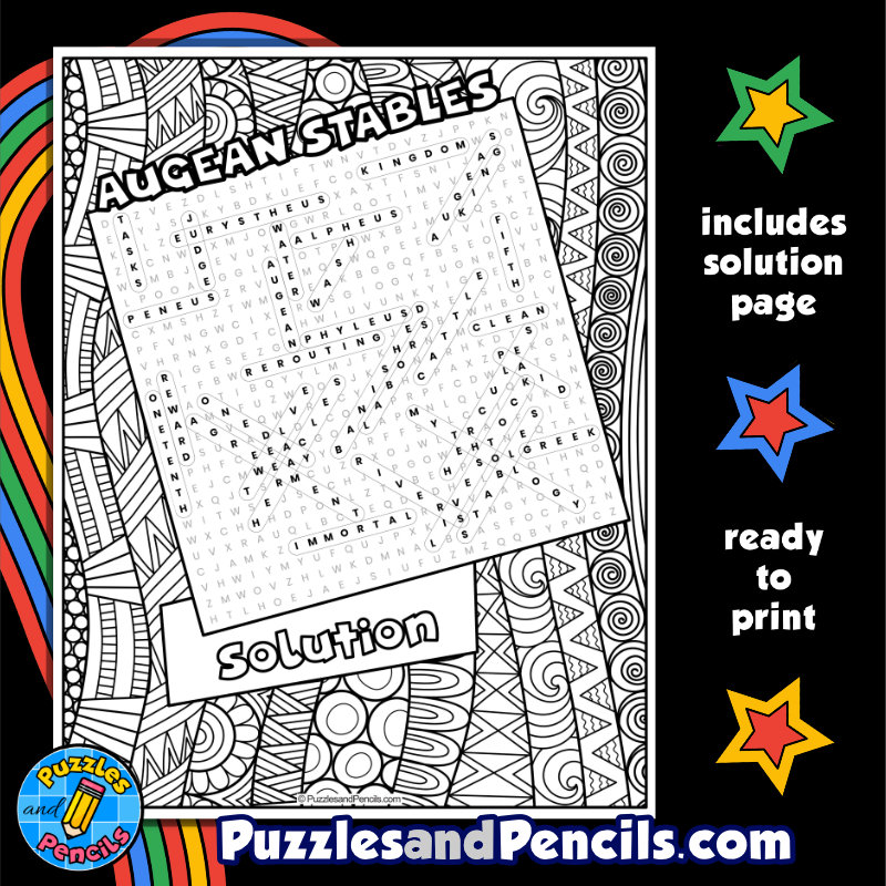 Twelve Labors of Hercules Word Search Puzzle with Coloring | Augean ...