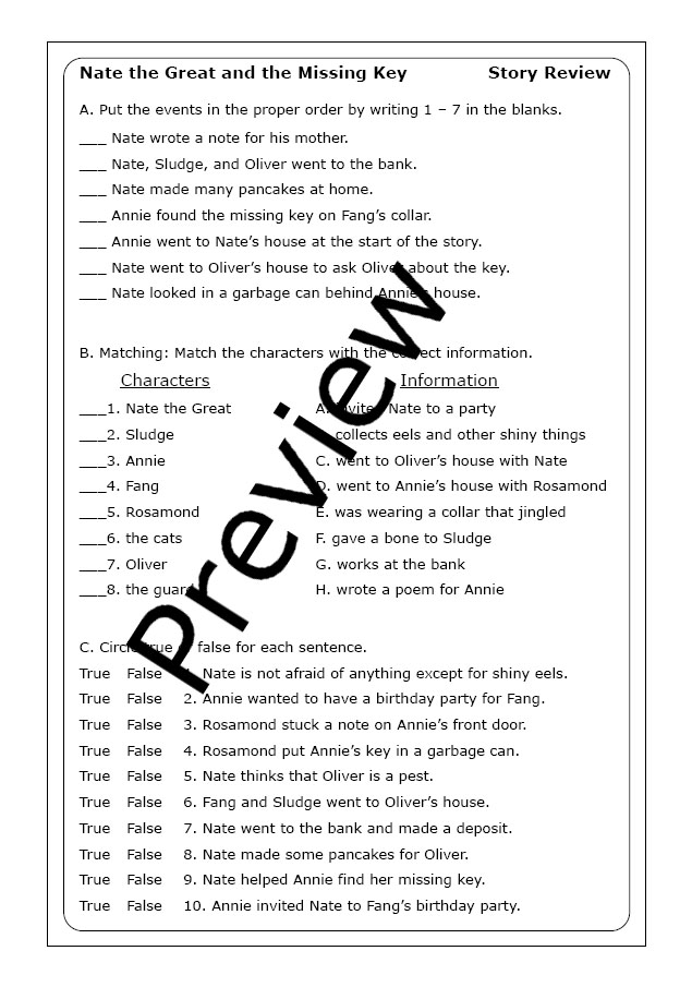 "Nate the Great and the Missing Key" worksheets | Made By Teachers