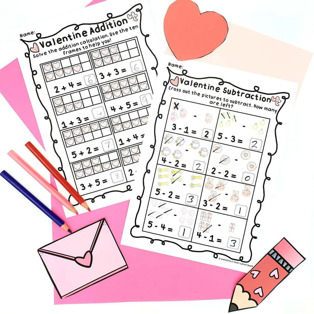 Valentines Day Addition and Subtraction Numbers 0-20 Kindergarten 1st ...