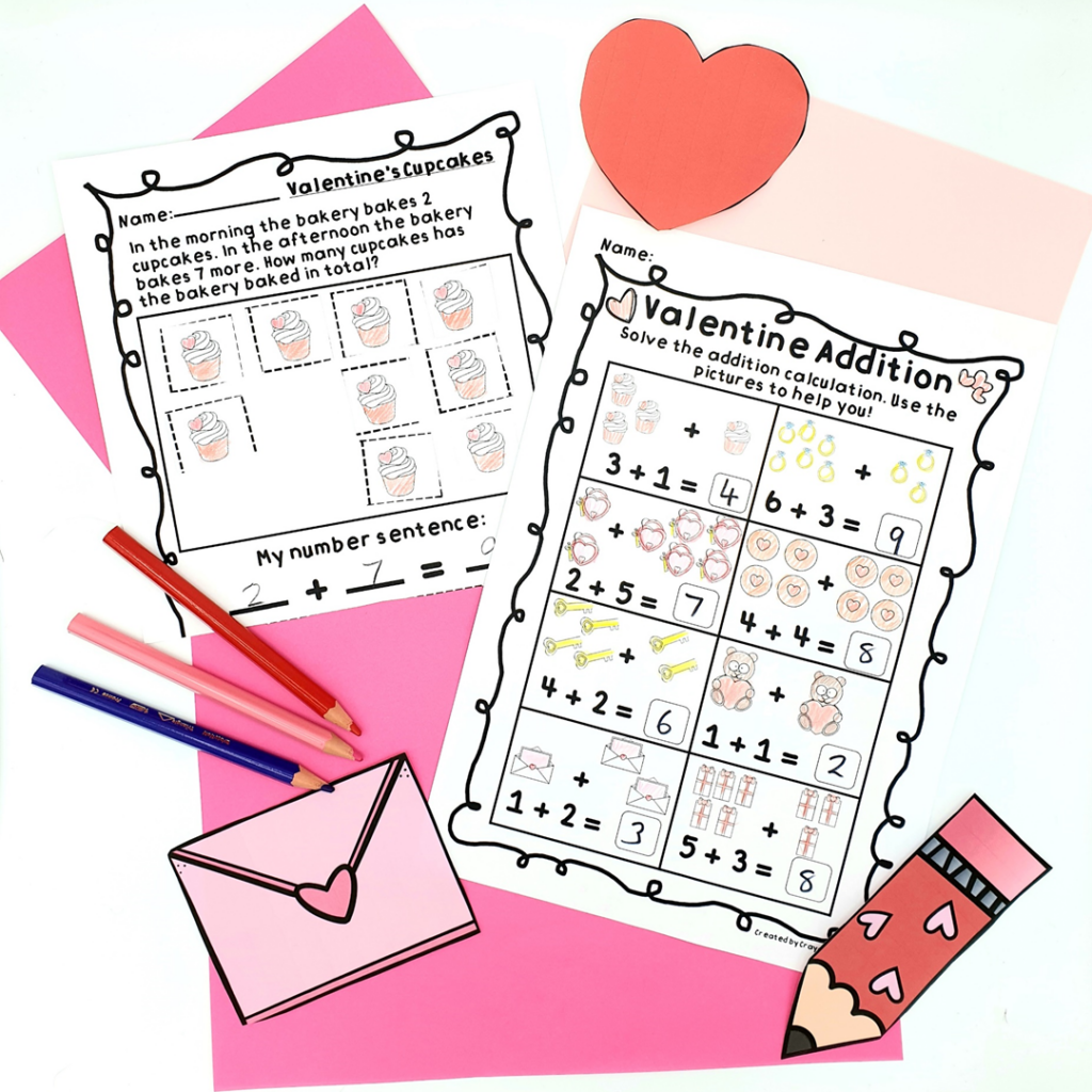 Valentines Day Addition and Subtraction Numbers 0-20 Kindergarten 1st ...