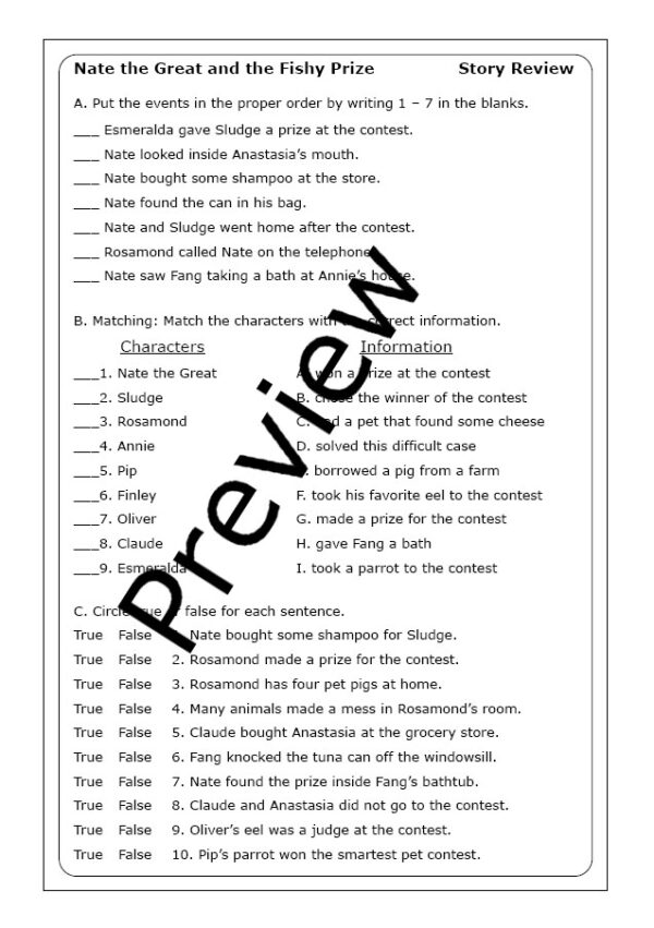 "Nate the Great and the Fishy Prize" worksheets | Made By Teachers