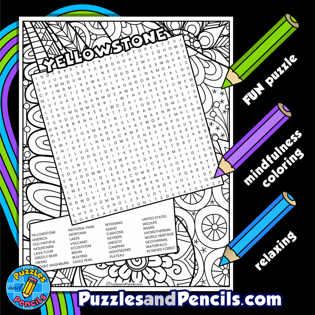 Yellowstone National Park Word Search Puzzle with Coloring | Wordsearch ...