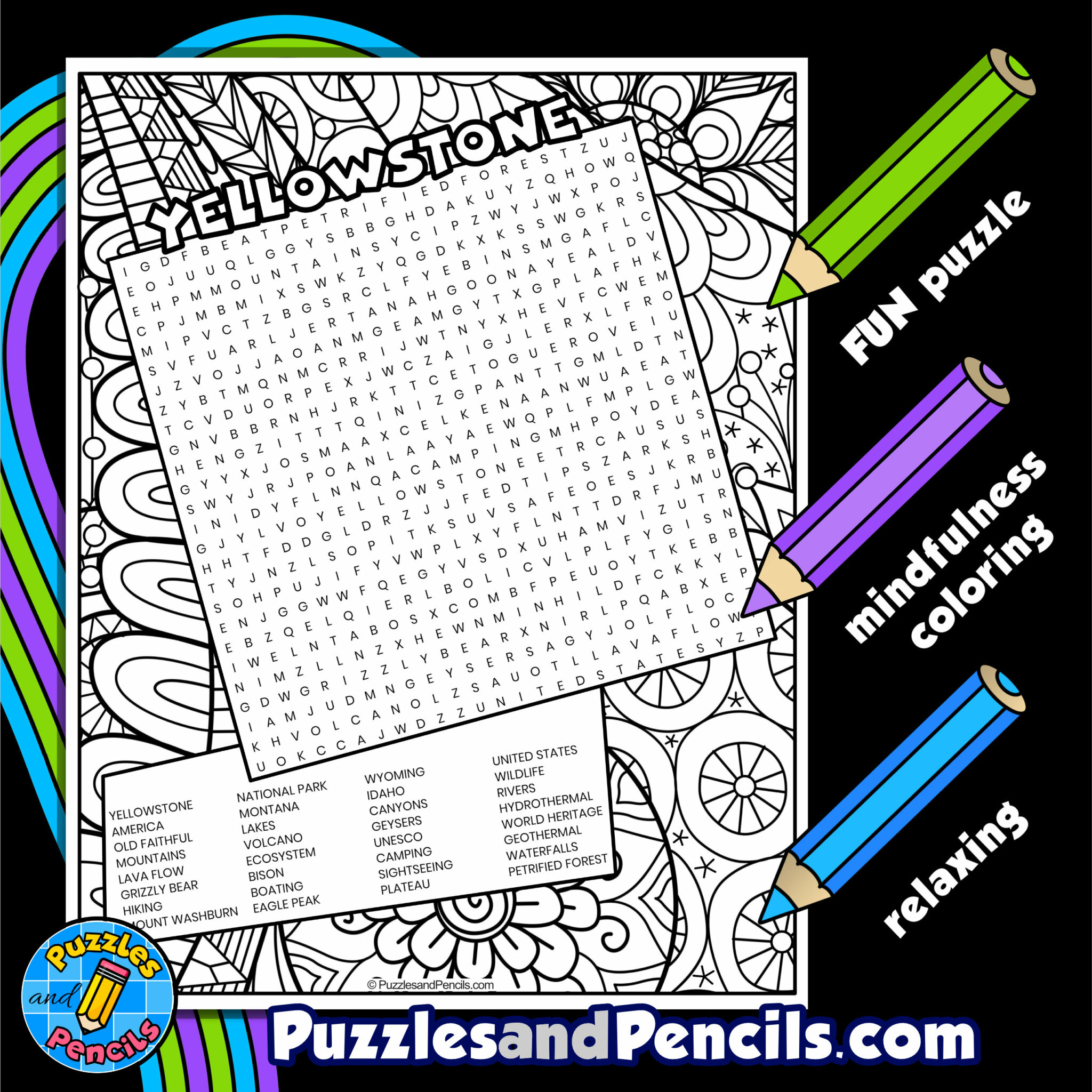 Yellowstone National Park Word Search Puzzle with Coloring | Wordsearch ...