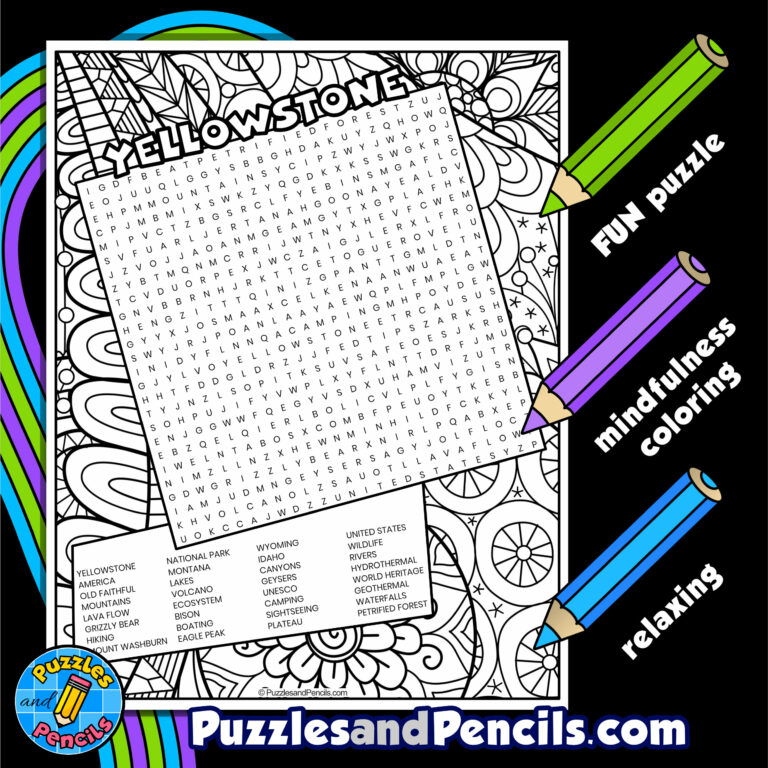Yellowstone National Park Word Search Puzzle with Coloring | Wordsearch ...
