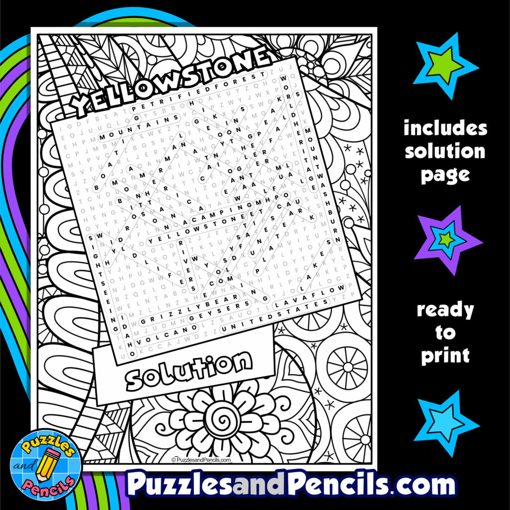 Yellowstone National Park Word Search Puzzle with Coloring | Wordsearch ...