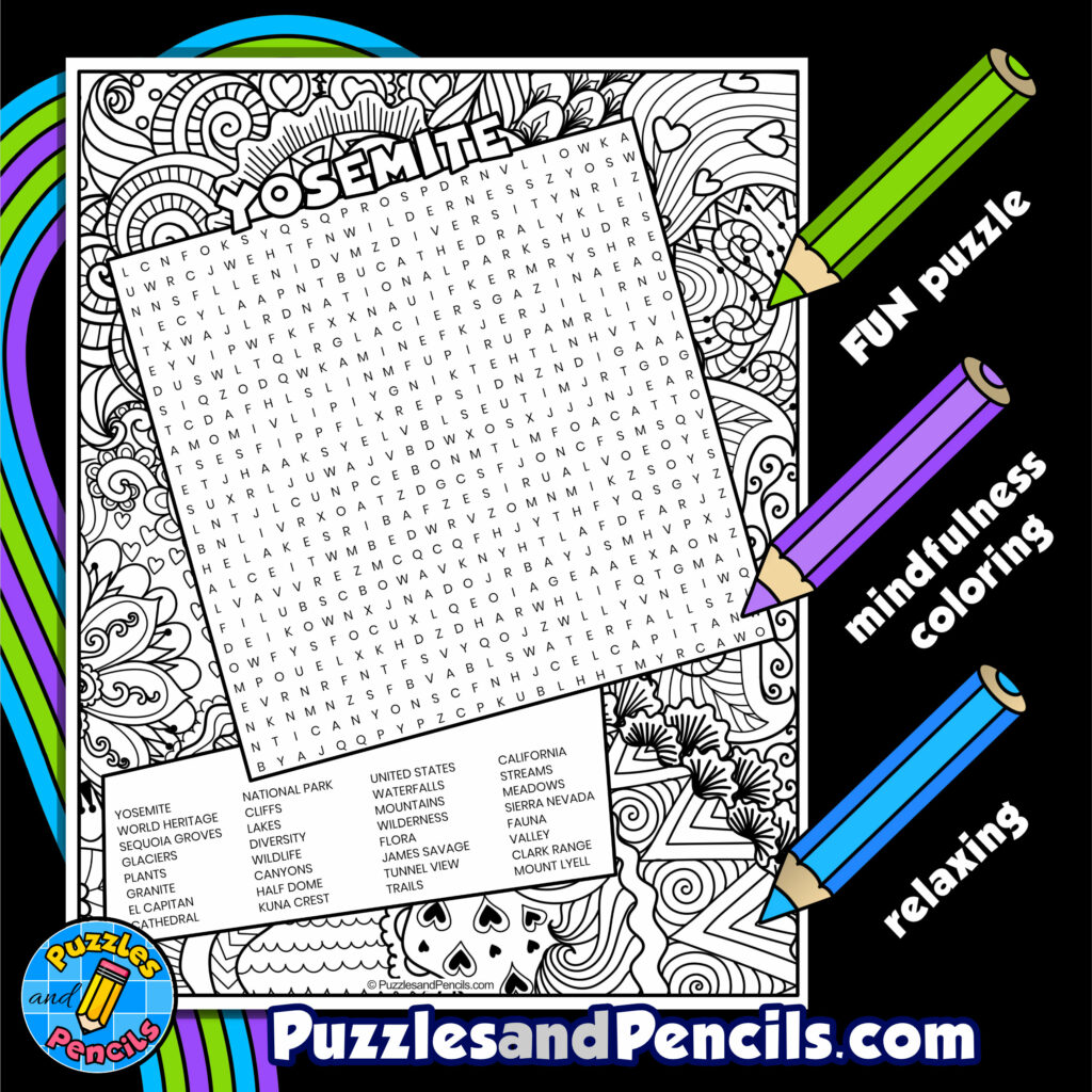 Yosemite National Park Word Search Puzzle with Coloring | Wordsearch ...