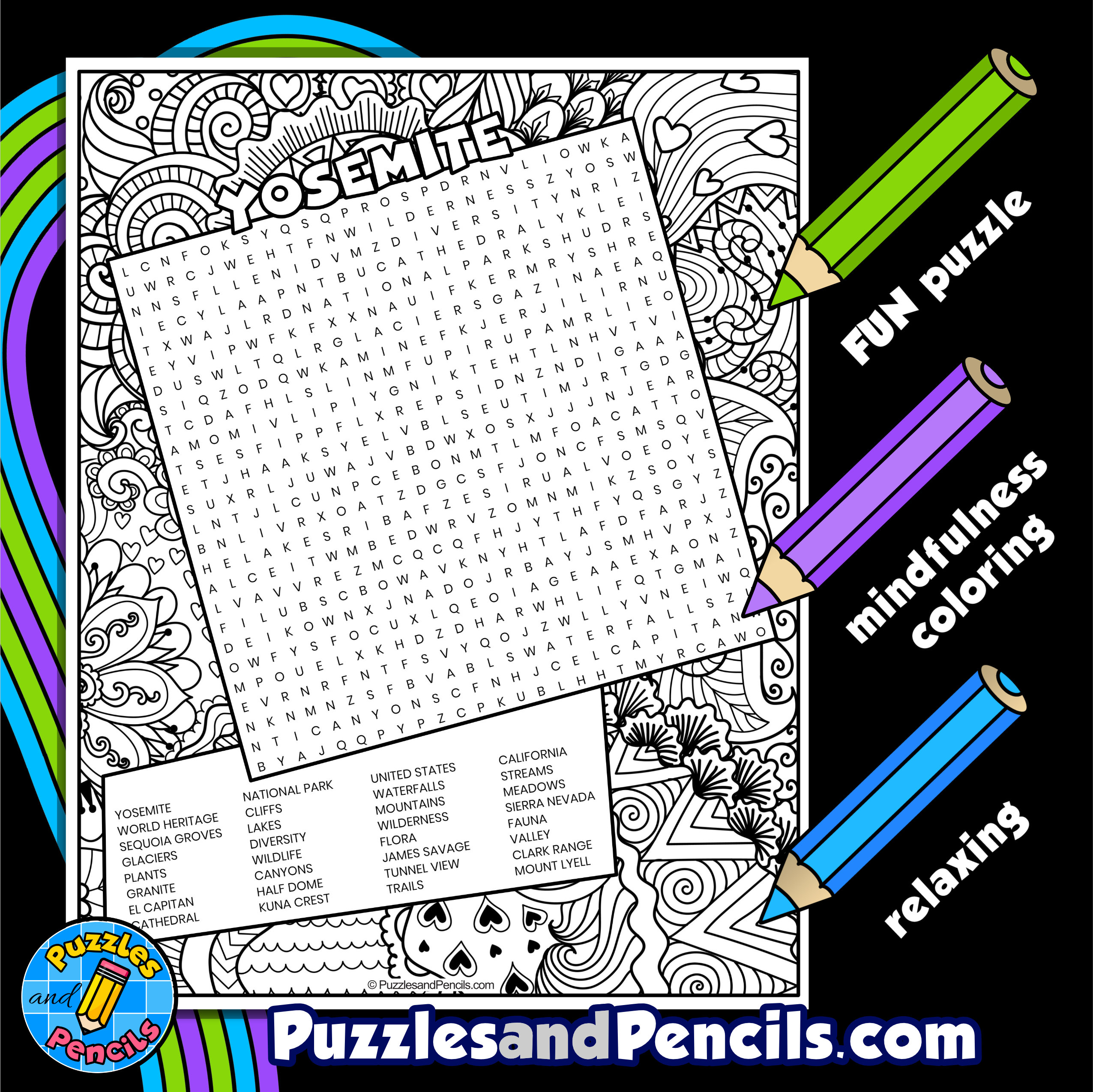 Yosemite National Park Word Search Puzzle with Coloring | Wordsearch ...