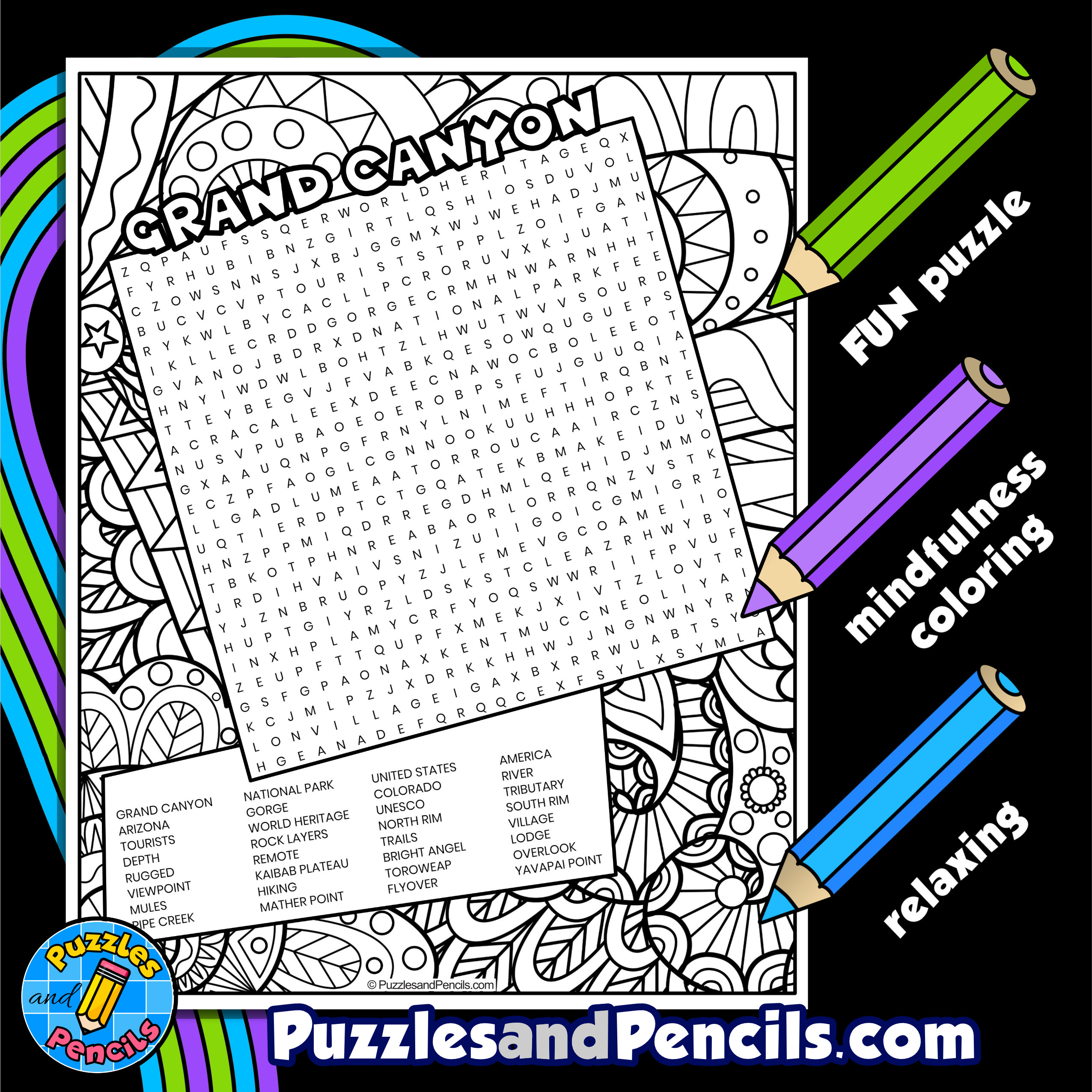 Grand Canyon Word Search Puzzle with Coloring | National Park ...