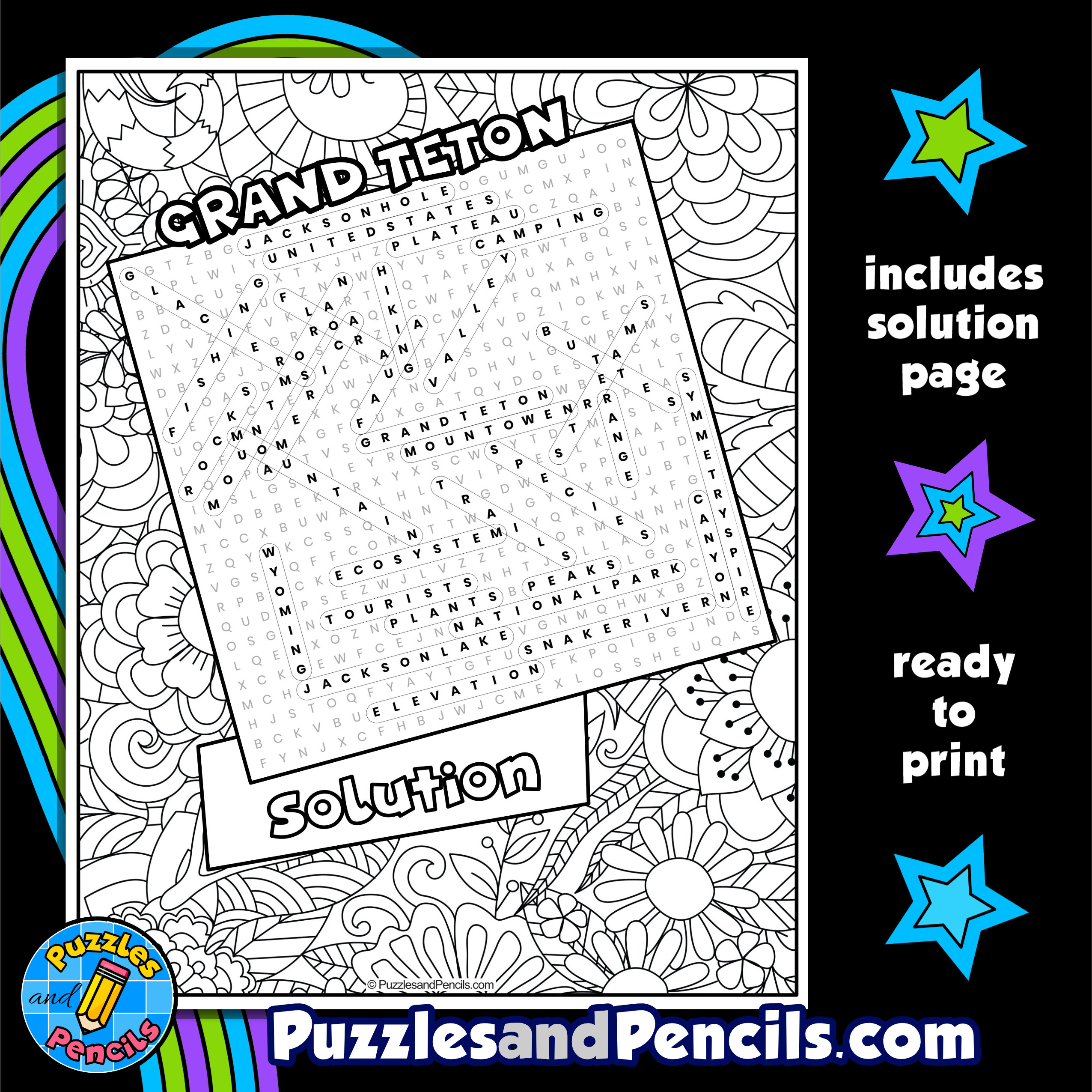 Grand Teton Word Search Puzzle with Coloring | National Park Wordsearch ...