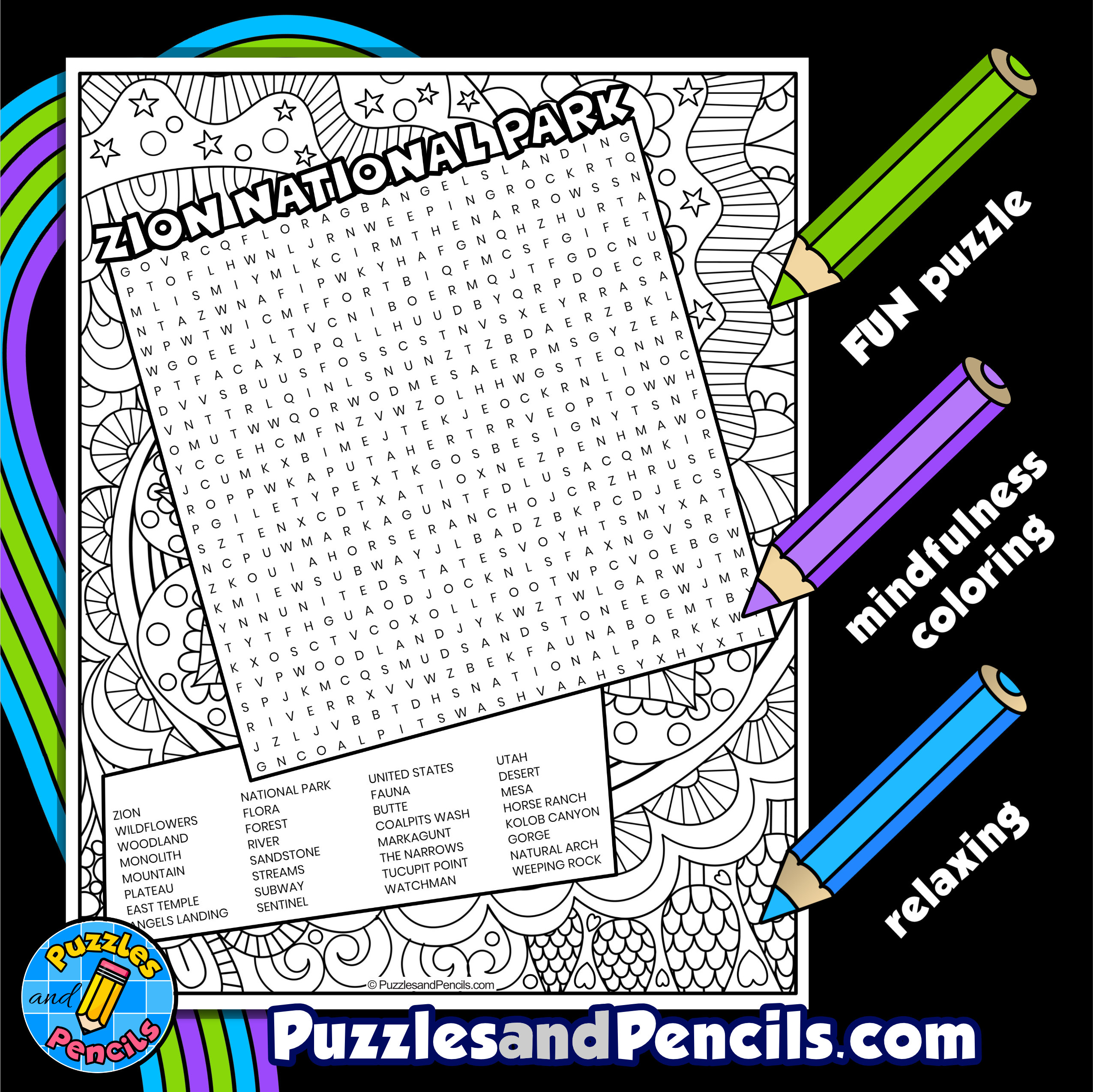 Zion National Park Word Search Puzzle with Coloring | National Park ...