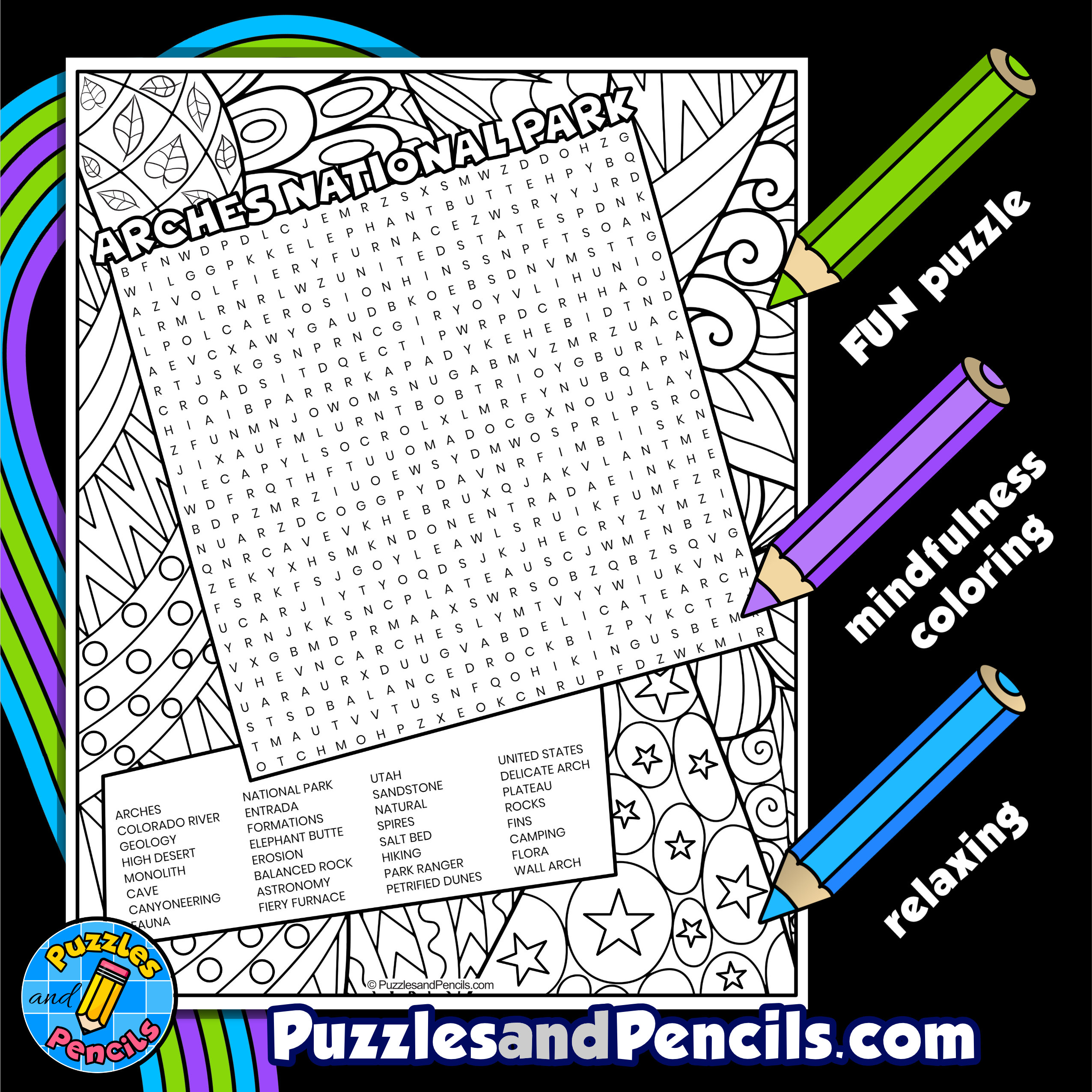 Arches National Park Word Search Puzzle with Coloring | National Park ...