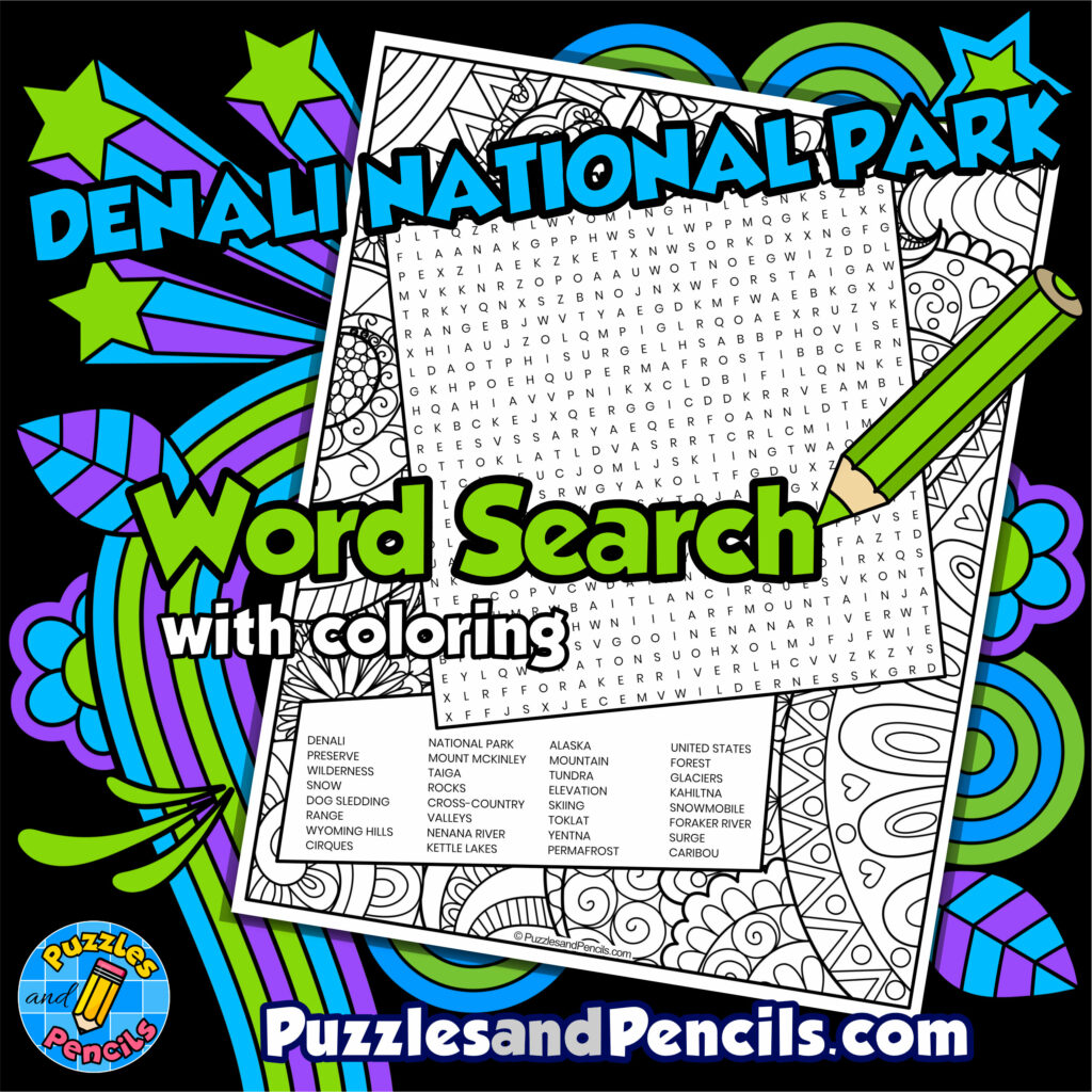 Denali National Park Word Search Puzzle with Coloring | National Park ...