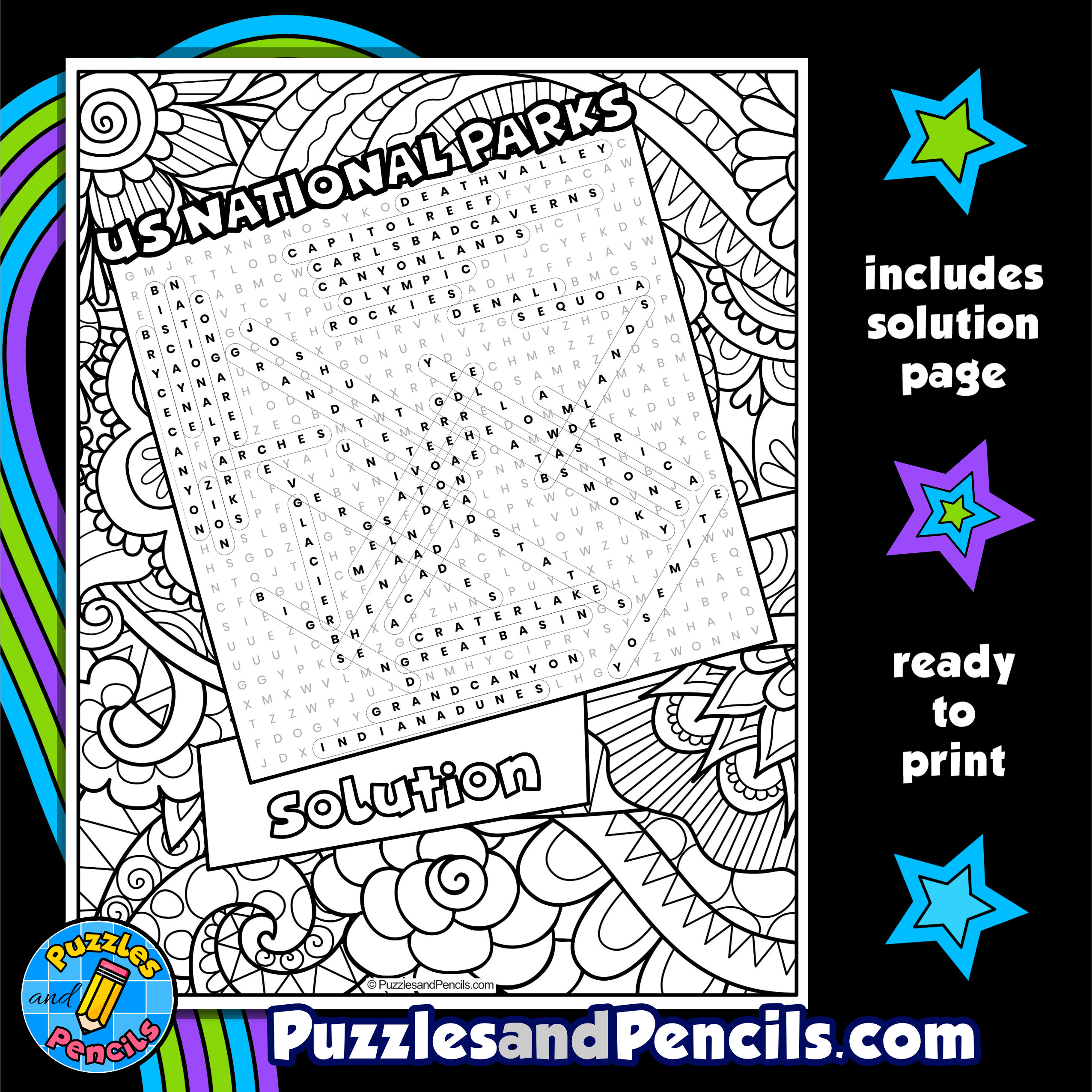US National Parks Word Search Puzzle with Coloring | Wordsearch | Made ...