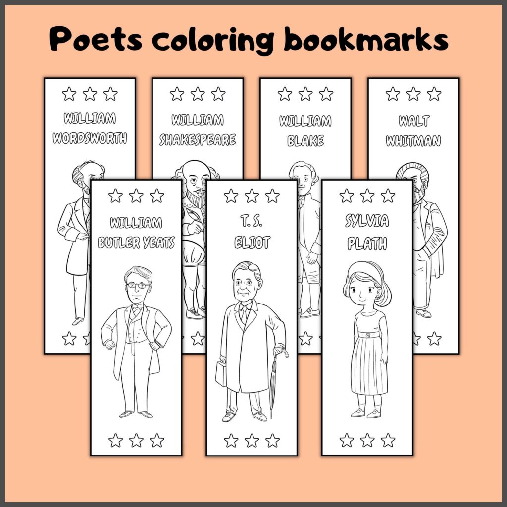 National Poetry Month Coloring Bookmarks | Famous Poets Coloring ...