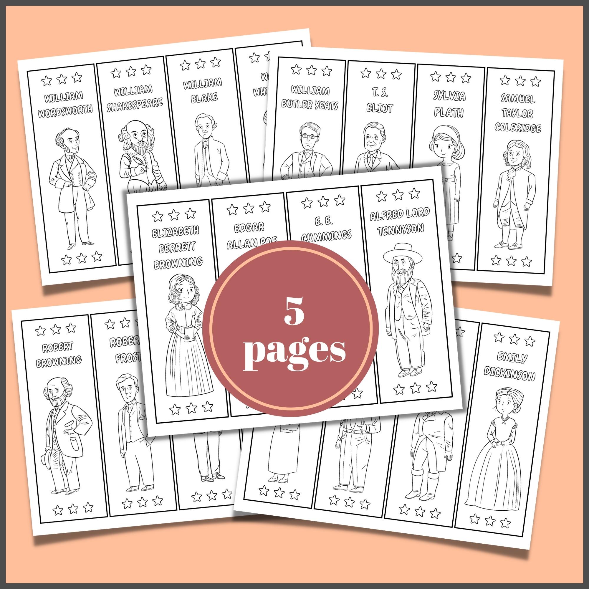 National Poetry Month Coloring Bookmarks | Famous Poets Coloring ...