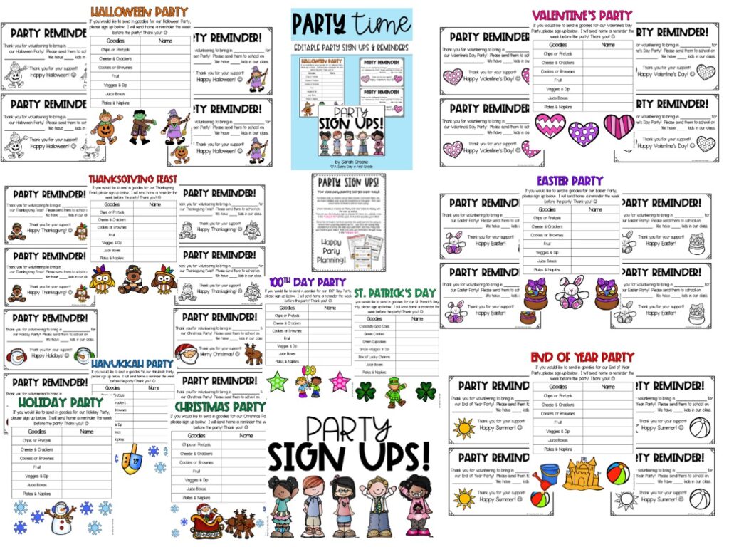 EDITABLE Class Party Sign Up Sheets & Reminders | Made By Teachers