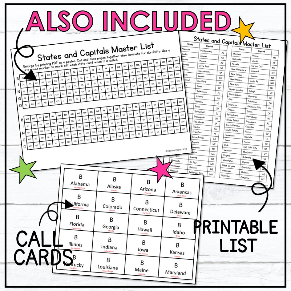 States and Capitals Bingo Game | Listening Activity | Made By Teachers