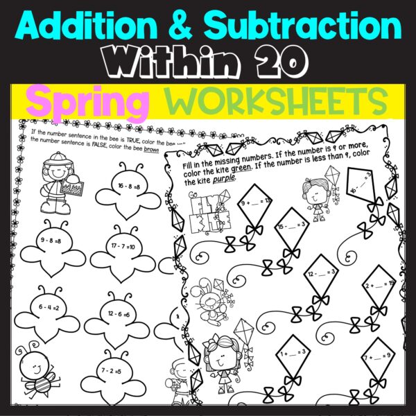 Spring Addition and Subtraction Within 20 Practice worksheets | Made By ...