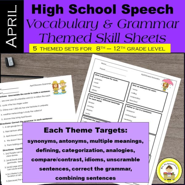 High School Speech Therapy Vocabulary and Grammar Skill Sheets ~ April ...