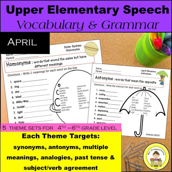April Speech Therapy Upper Elementary Vocabulary and Grammar Themed ...