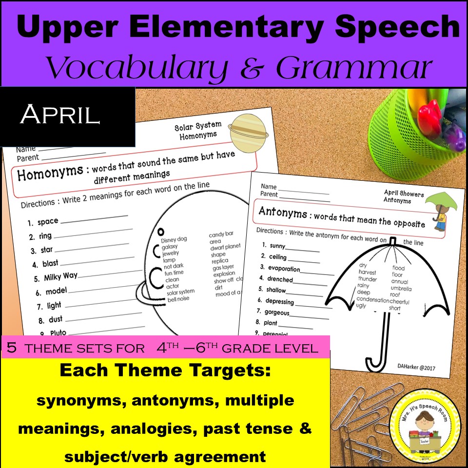 April Speech Therapy Upper Elementary Vocabulary and Grammar Themed ...