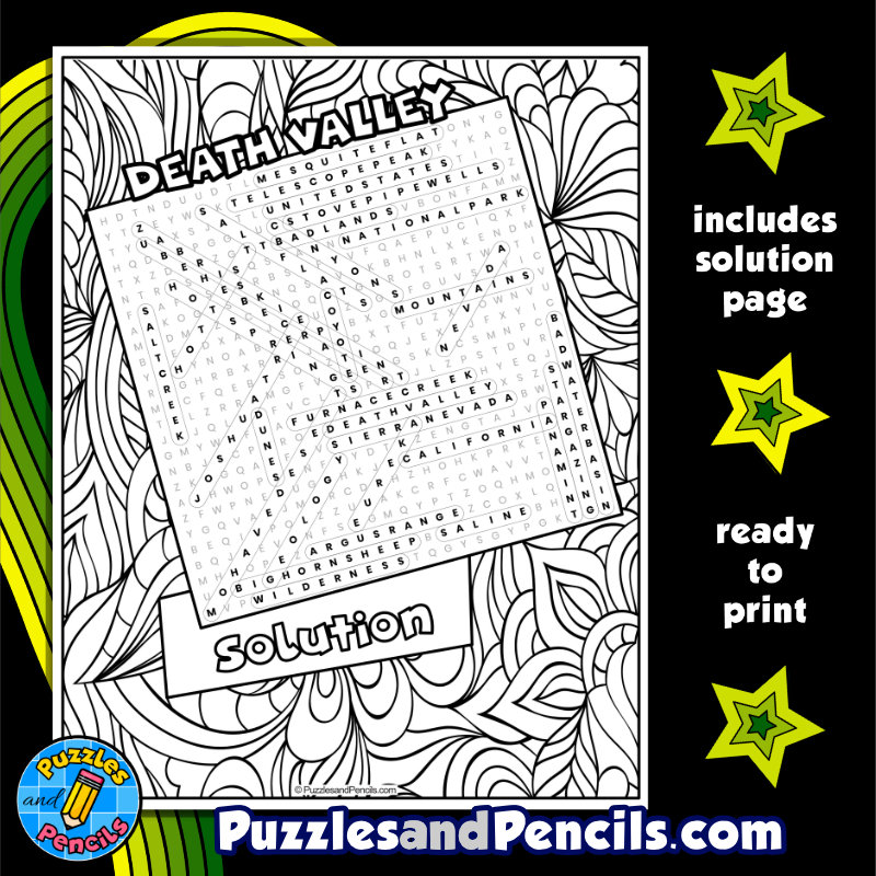 Death Valley Word Search Puzzle with Coloring | National Park ...