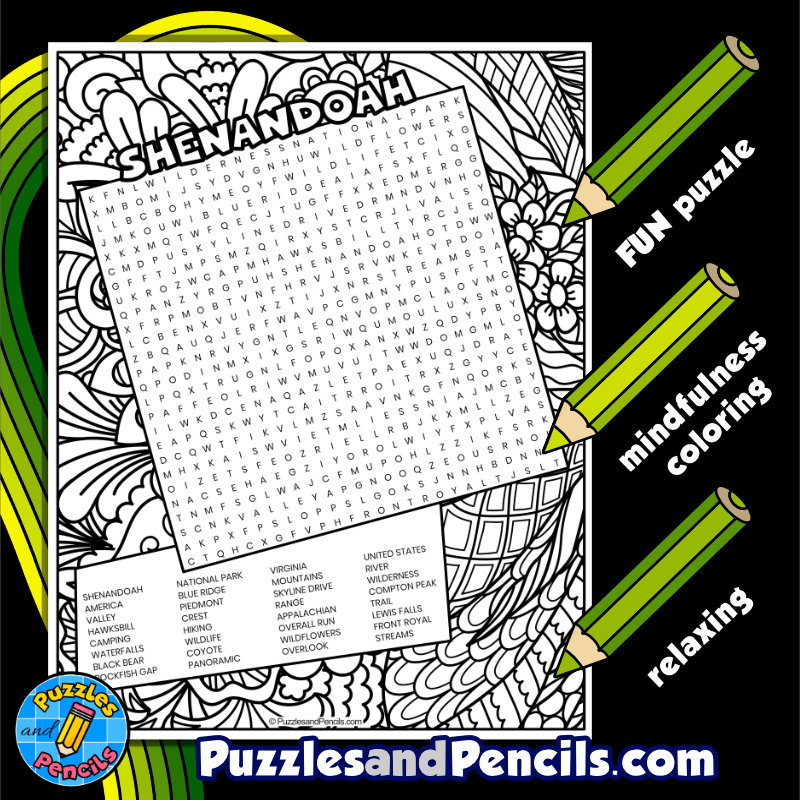 Shenandoah National Park Word Search Puzzle with Coloring | Wordsearch ...
