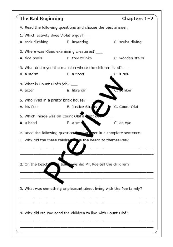 Lemony Snicket "The Bad Beginning" worksheets | Made By Teachers