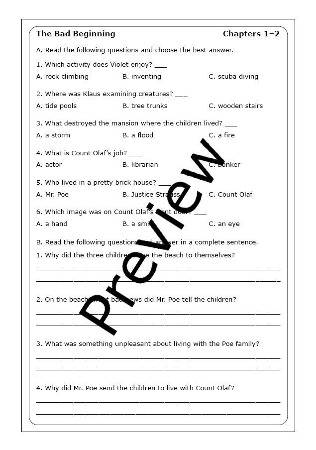 Lemony Snicket "The Bad Beginning" worksheets | Made By Teachers